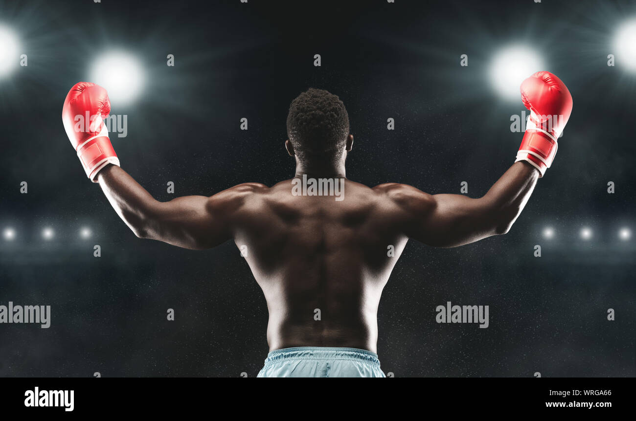 African american boxer raising his arms in winner gesture Stock Photo ...