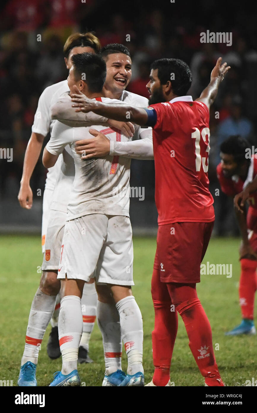 Male, Maldives. 10th Sep, 2019. Wu Lei (front L) of China celebrates ...