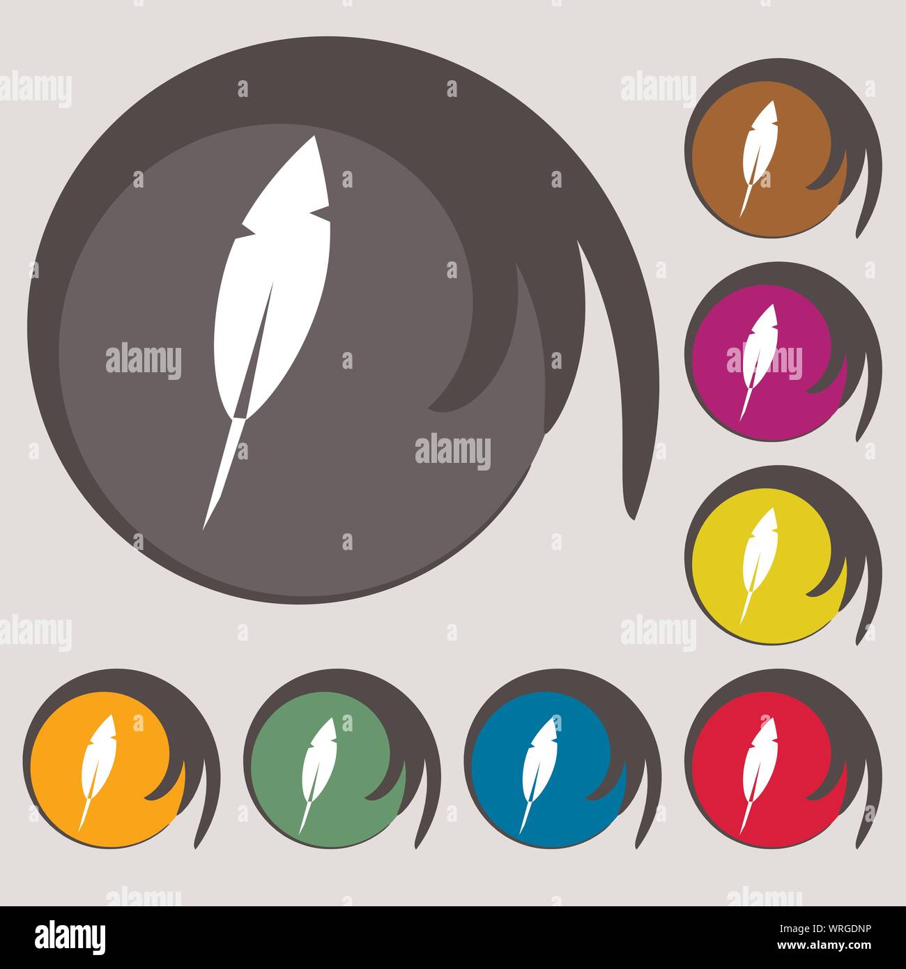 Feather sign icon. Retro pen symbo. Symbols on eight colored buttons ...