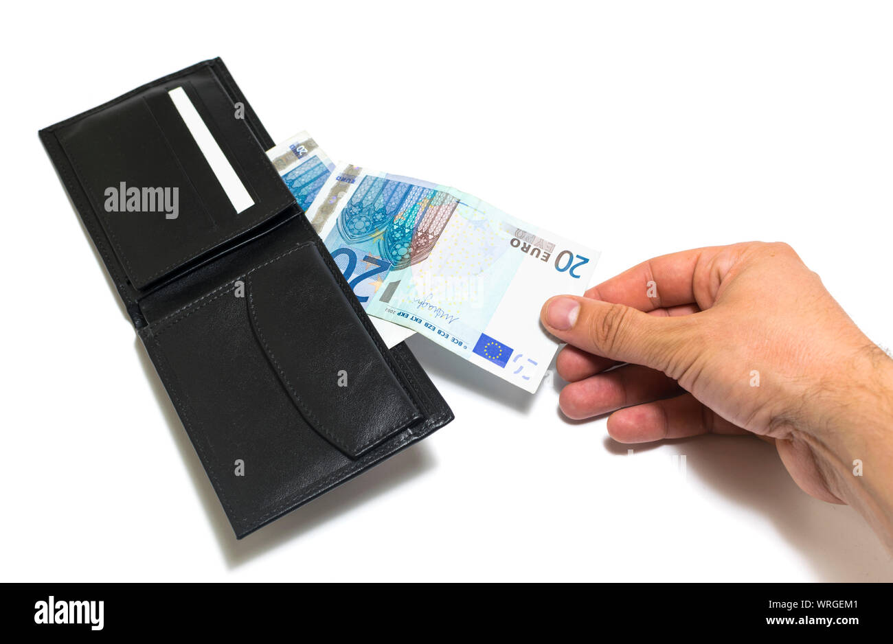 Human hand stealing money from black wallet isolated on white ...