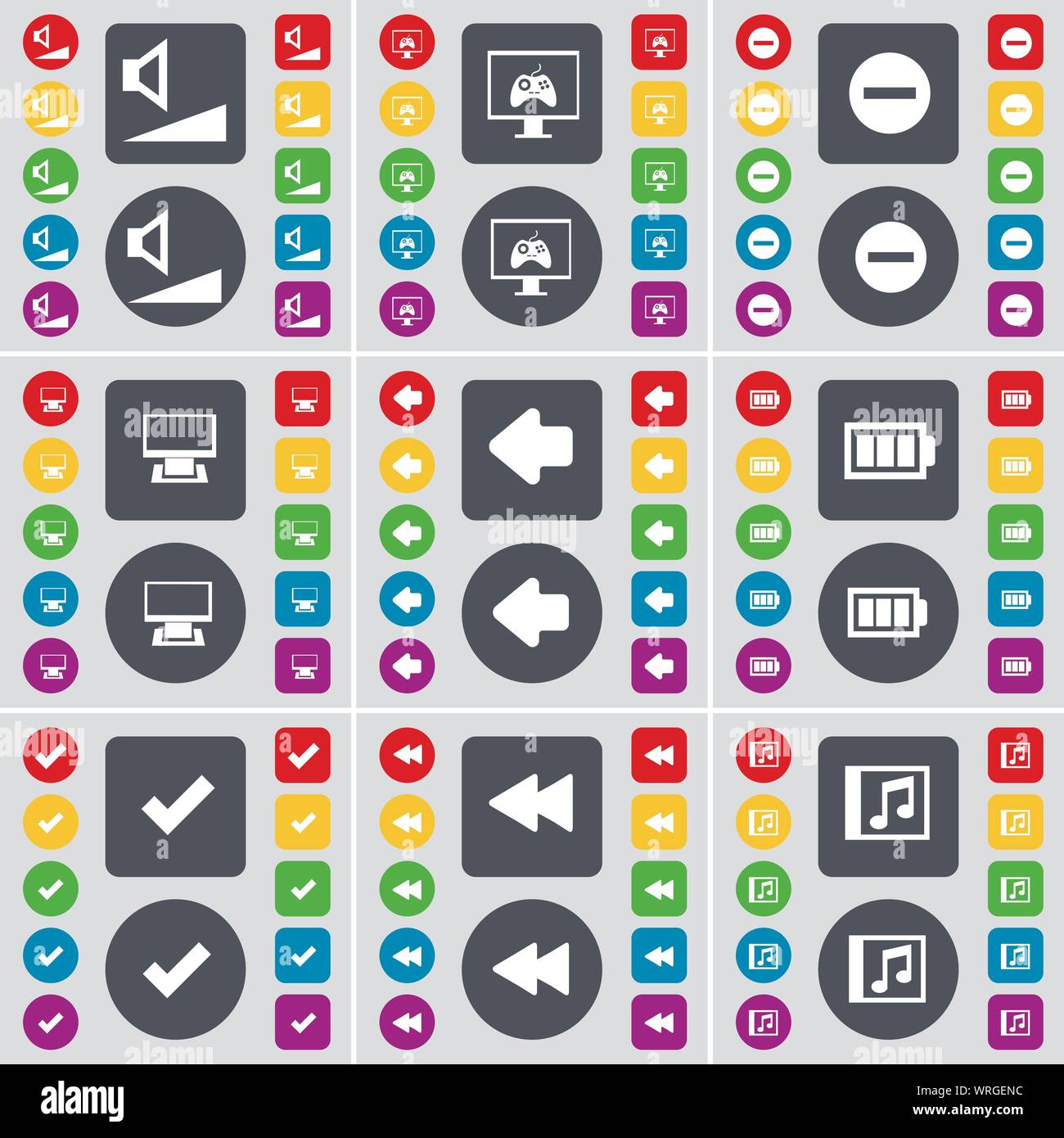 Volume, Monitor, Minus, Arrow left, Battery, Tick, Rewind, Music window ...