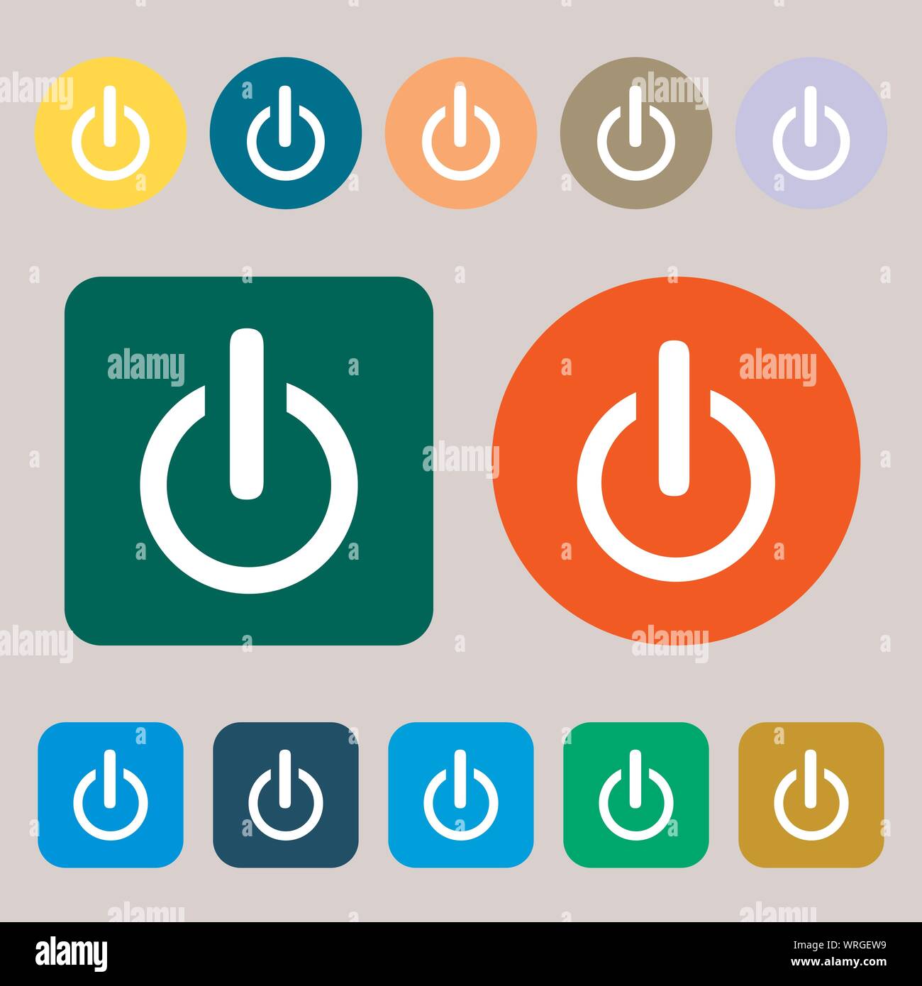 Power sign icon. Switch symbol. 12 colored buttons. Flat design. Vector ...