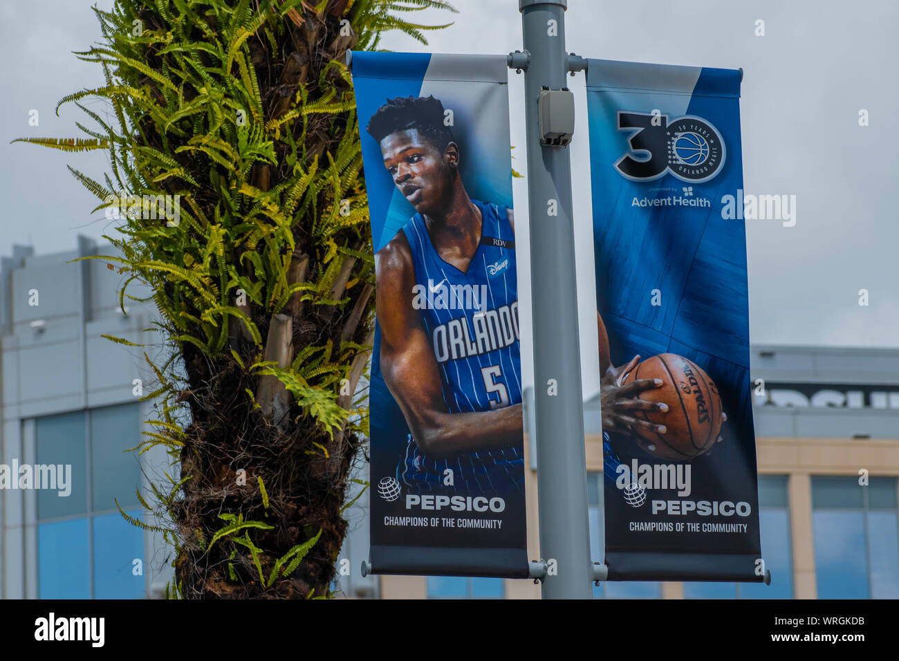 Orlando, Florida. August 17, 2019. Orlando Magic sign on Church street ...
