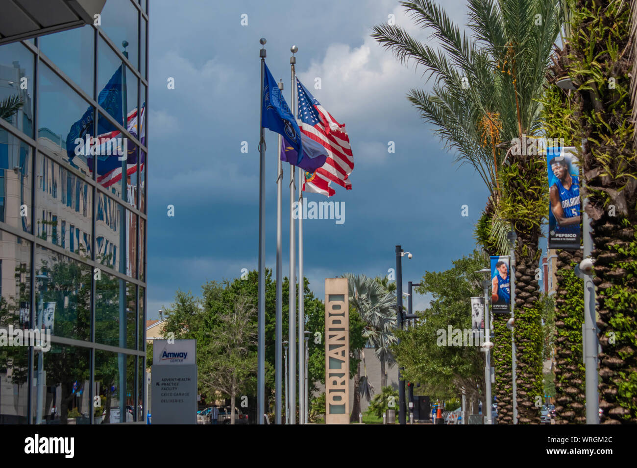 Orlando, Florida. August 17, 2019. Top view of flags and Orlando sign ...