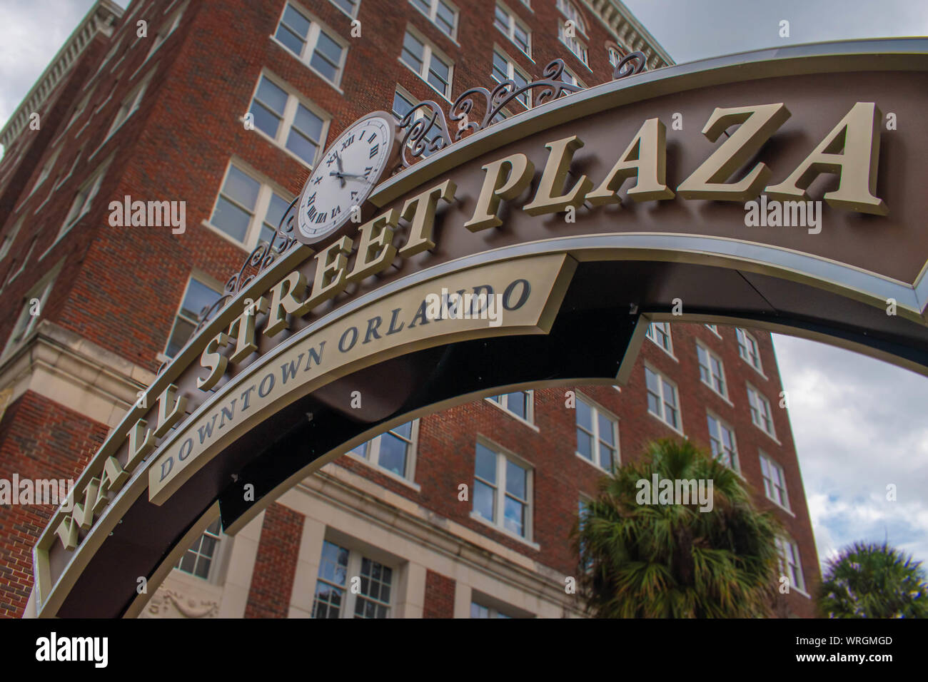 Orlando, Florida. August 17, 2019. Wall Street Plaza arch at downtown ...