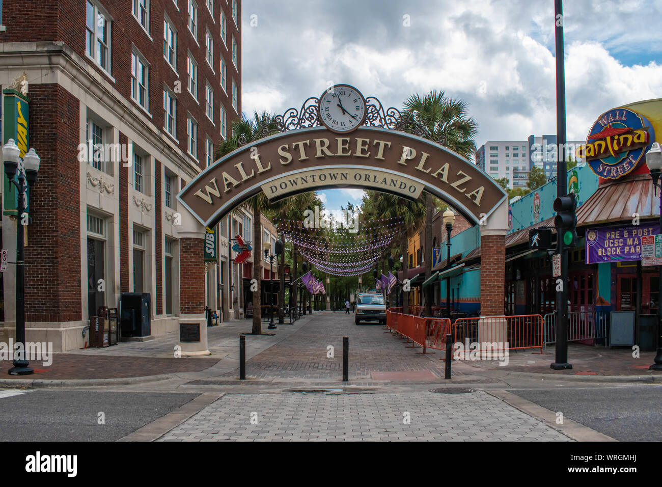 Orlando, Florida. August 17, 2019. Wall Street Plaza arch at downtown ...