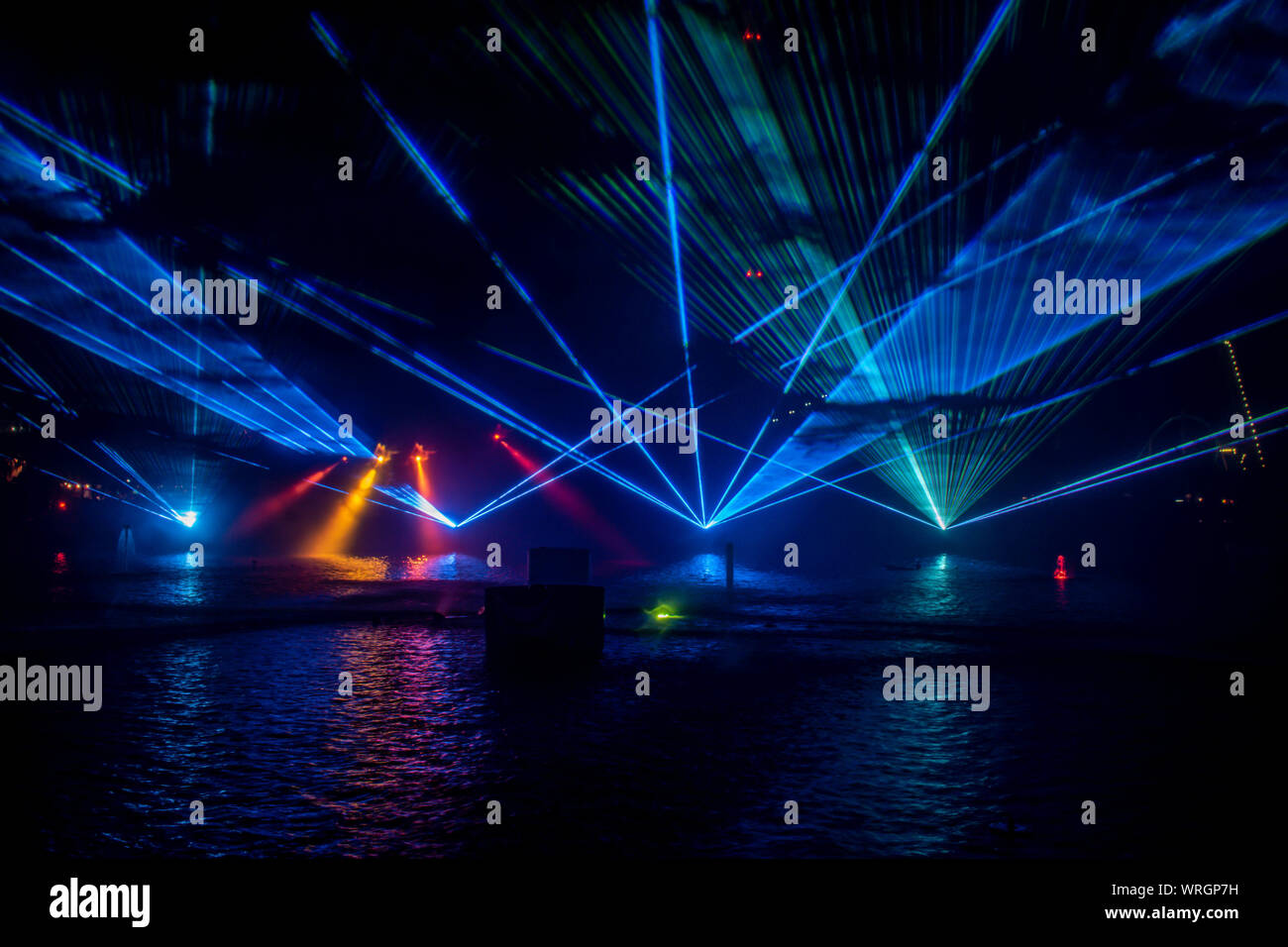 Orlando, Florida. August 23, 2019. Dancing fountains, colorful lights ...
