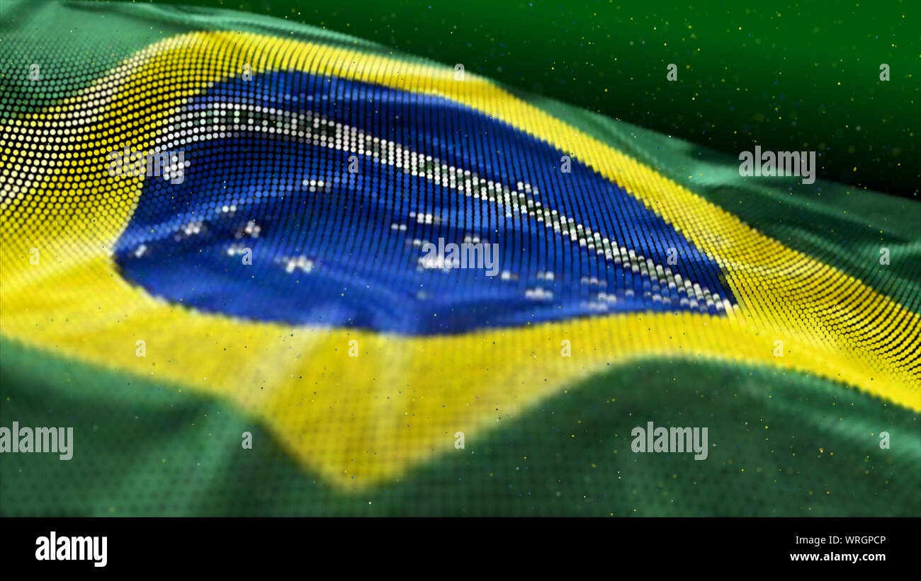 Abstract Glowing Particle Wavy surface with Brazil flag texture. 8K 3D ...