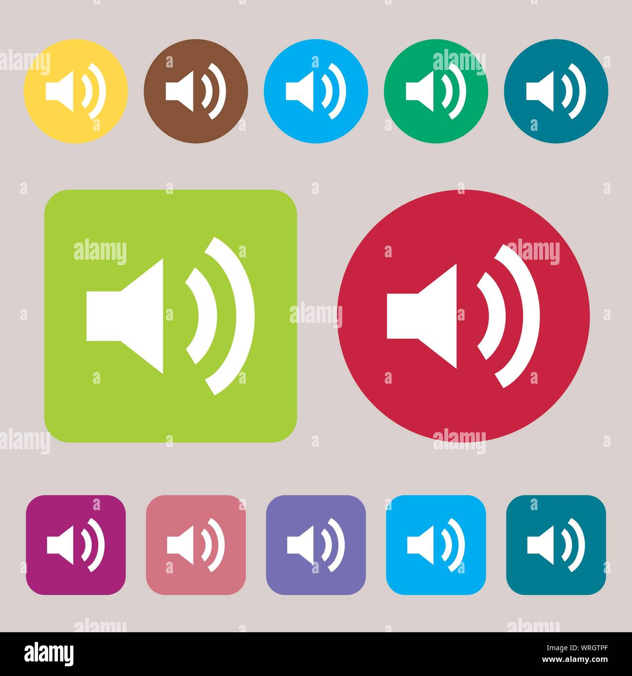 Speaker volume sign icon. Sound symbol. 12 colored buttons. Flat design ...
