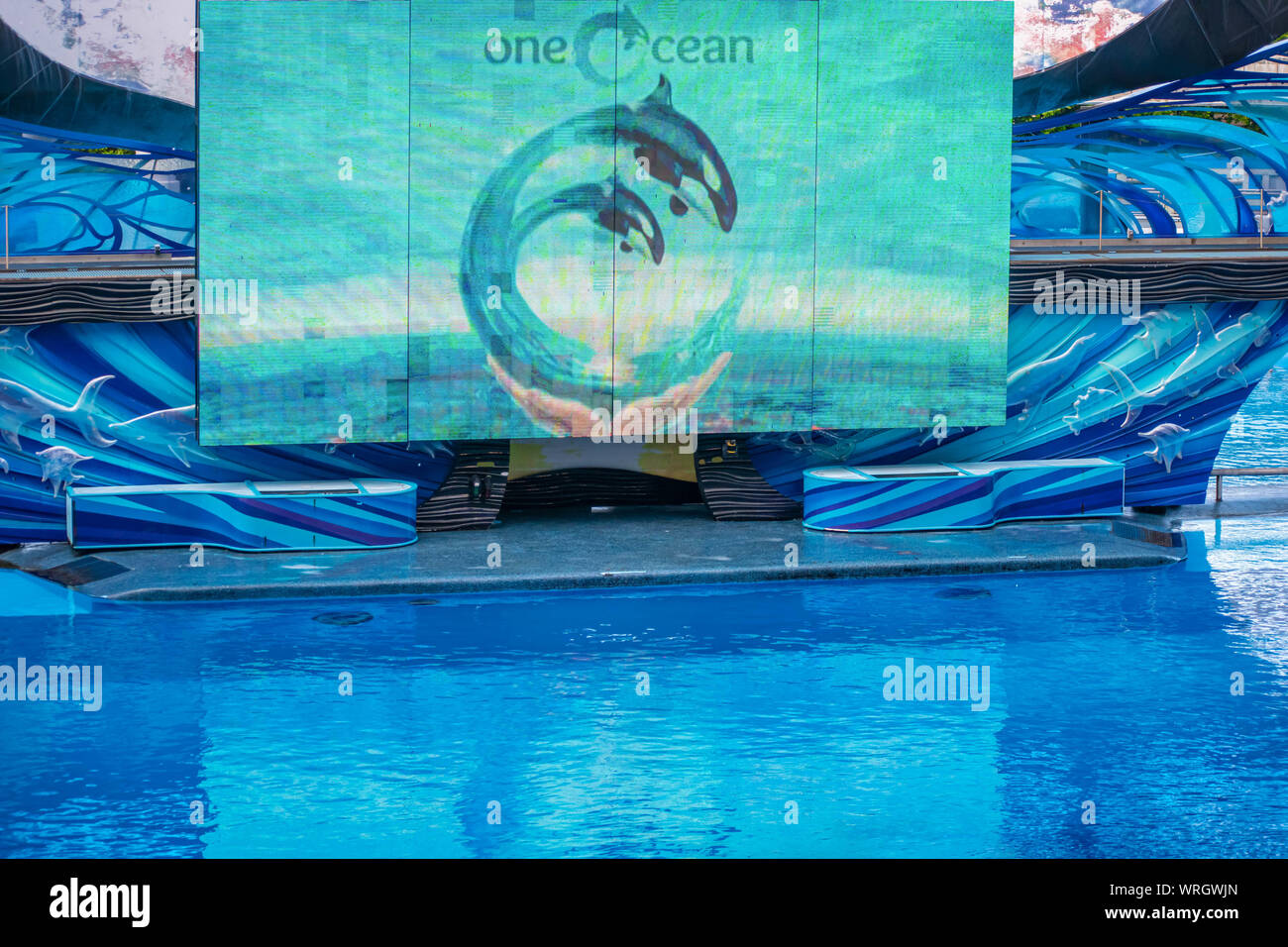 Orlando, Florida. August 31, 2019. One Ocean Show screen at Seaworld ...