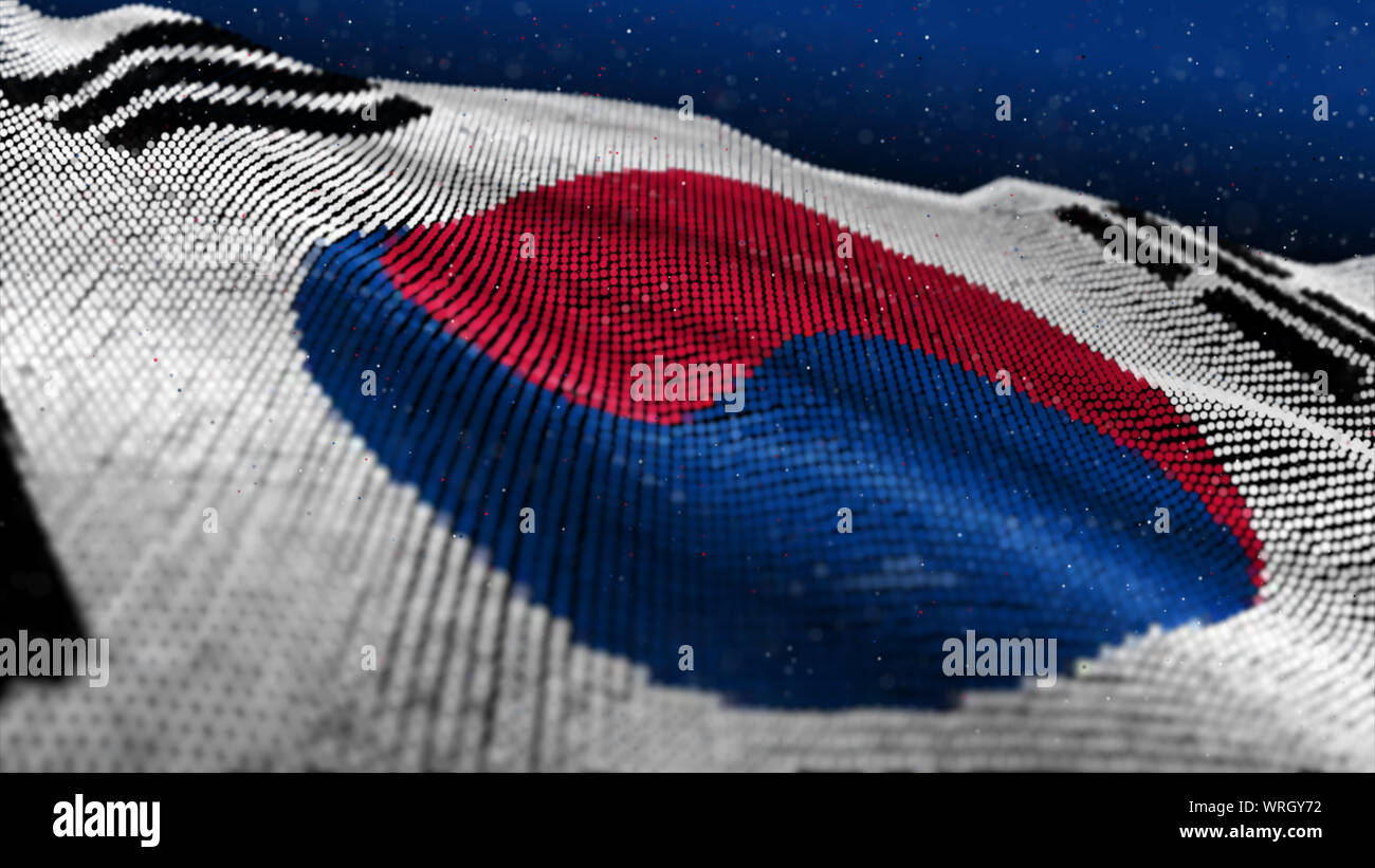 Abstract Glowing Particle Wavy surface with South Korea flag texture ...