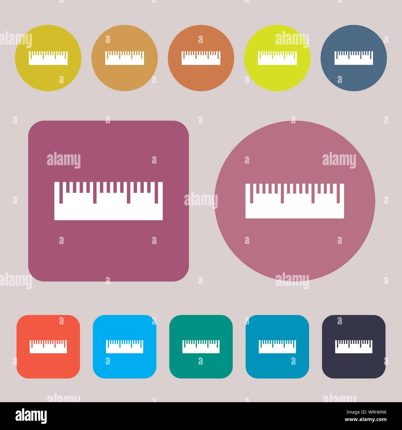 Ruler sign icon. School tool symbol. 12 colored buttons. Flat design ...