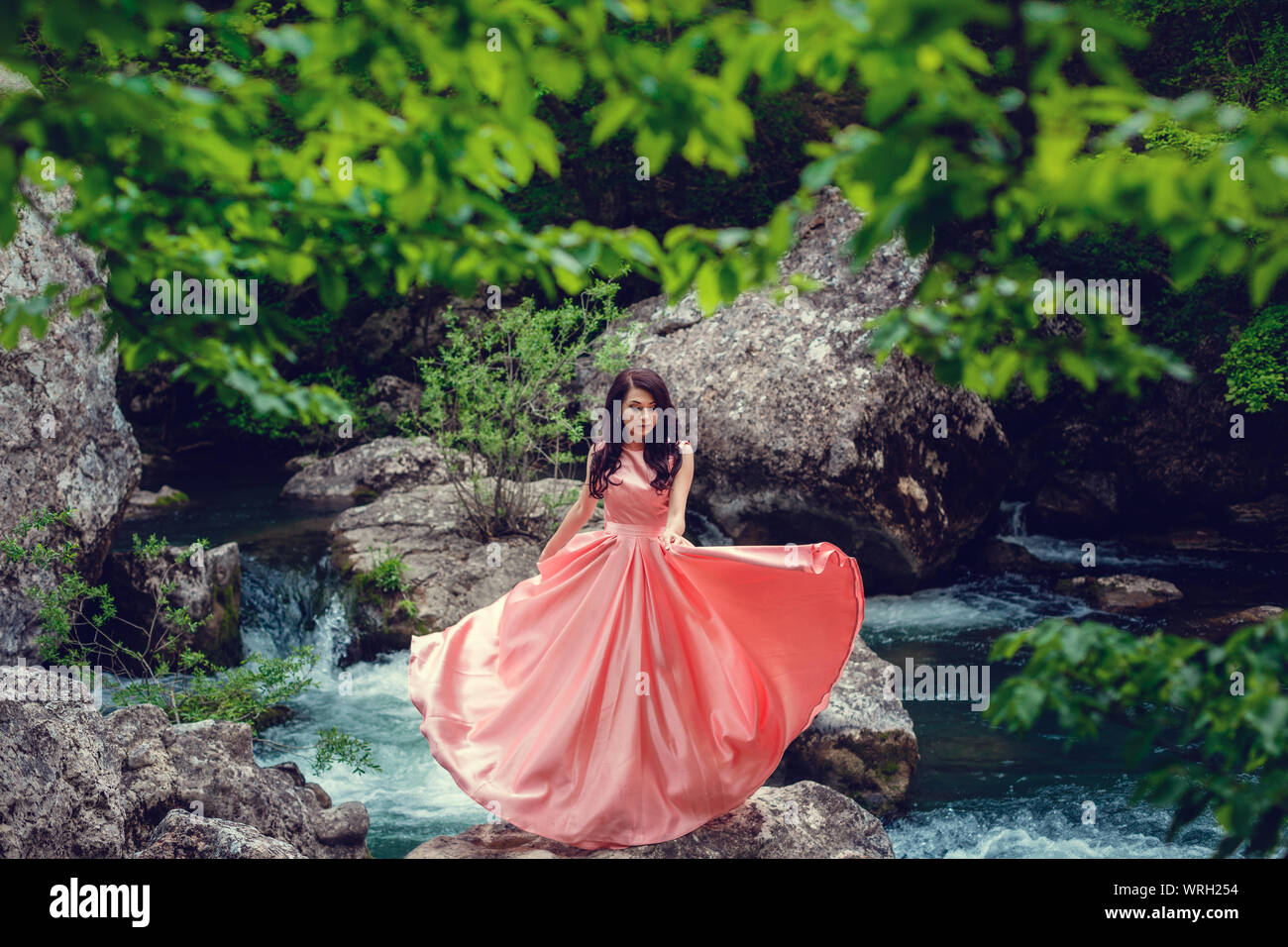 River witch, sitting on a rock in river. Pink long dress, a fabulous ...