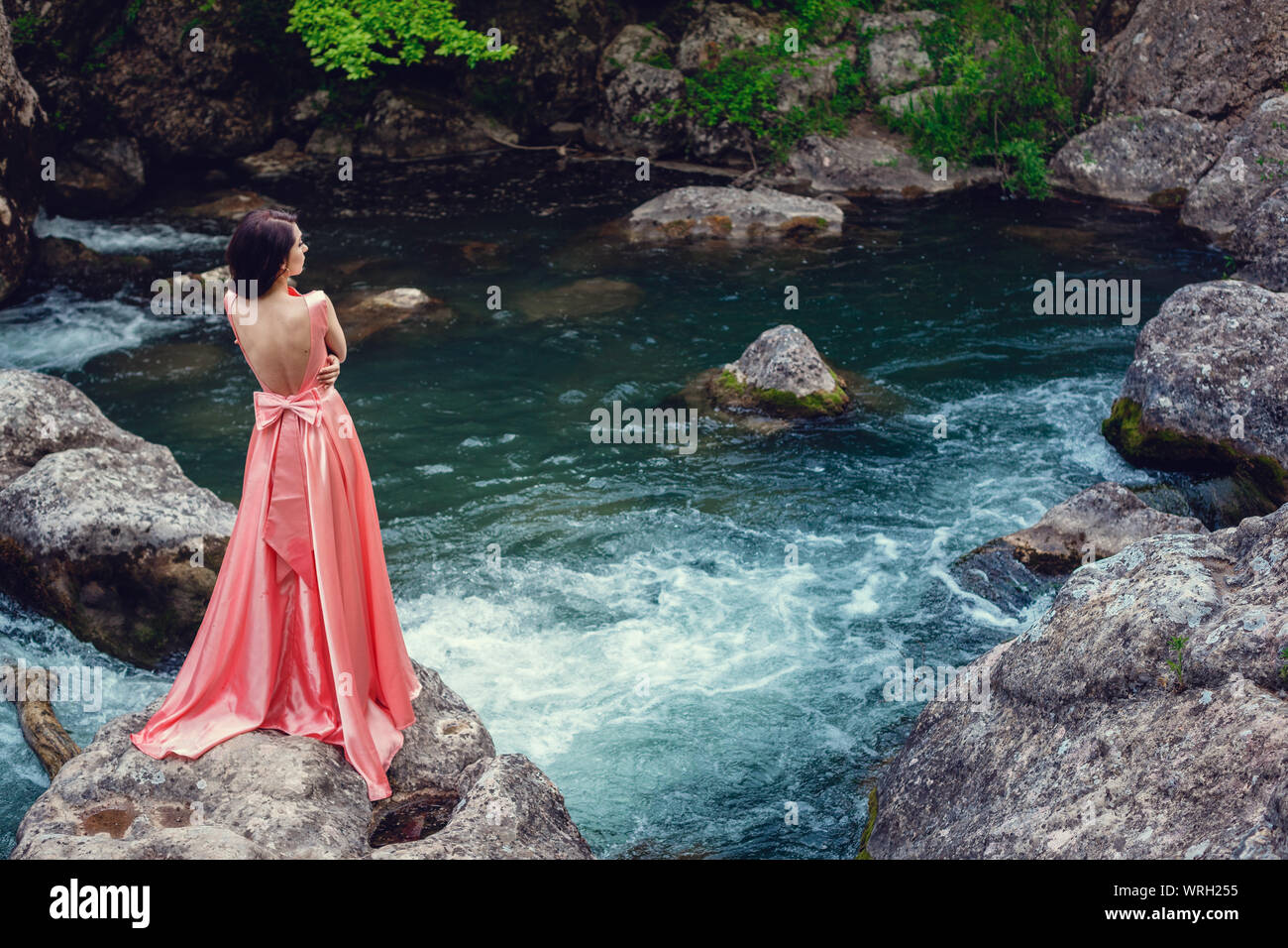 River witch, sitting on a rock in river. Pink long dress, a fabulous ...