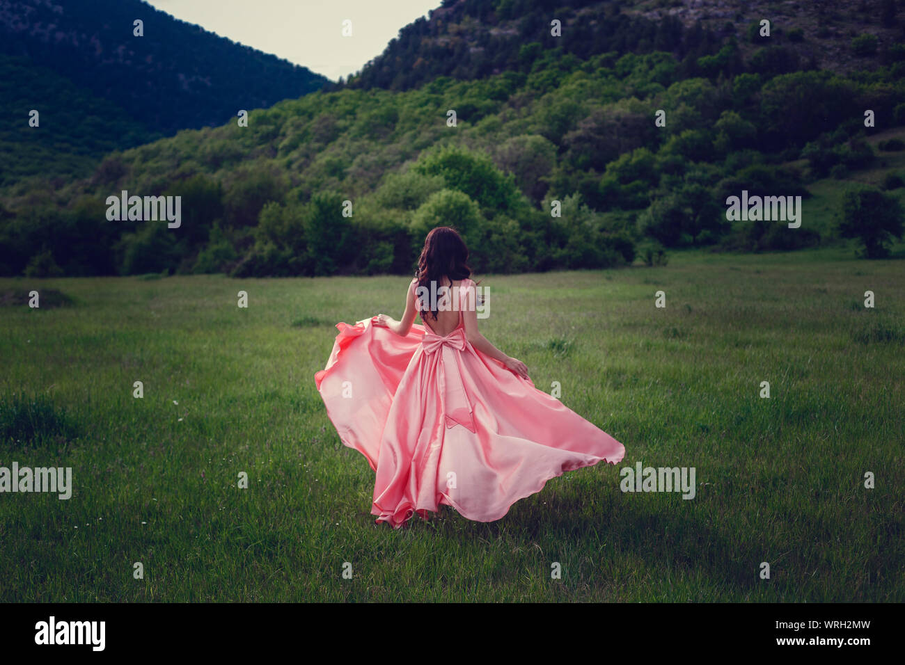 River witch, sitting on a rock in river. Pink long dress, a fabulous ...