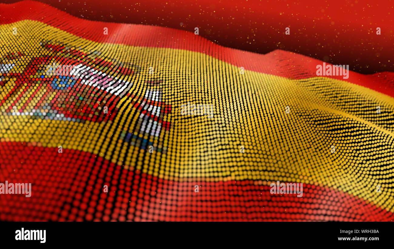 3D illustration Abstract Glowing Particle Wavy surface with Spain Flag ...