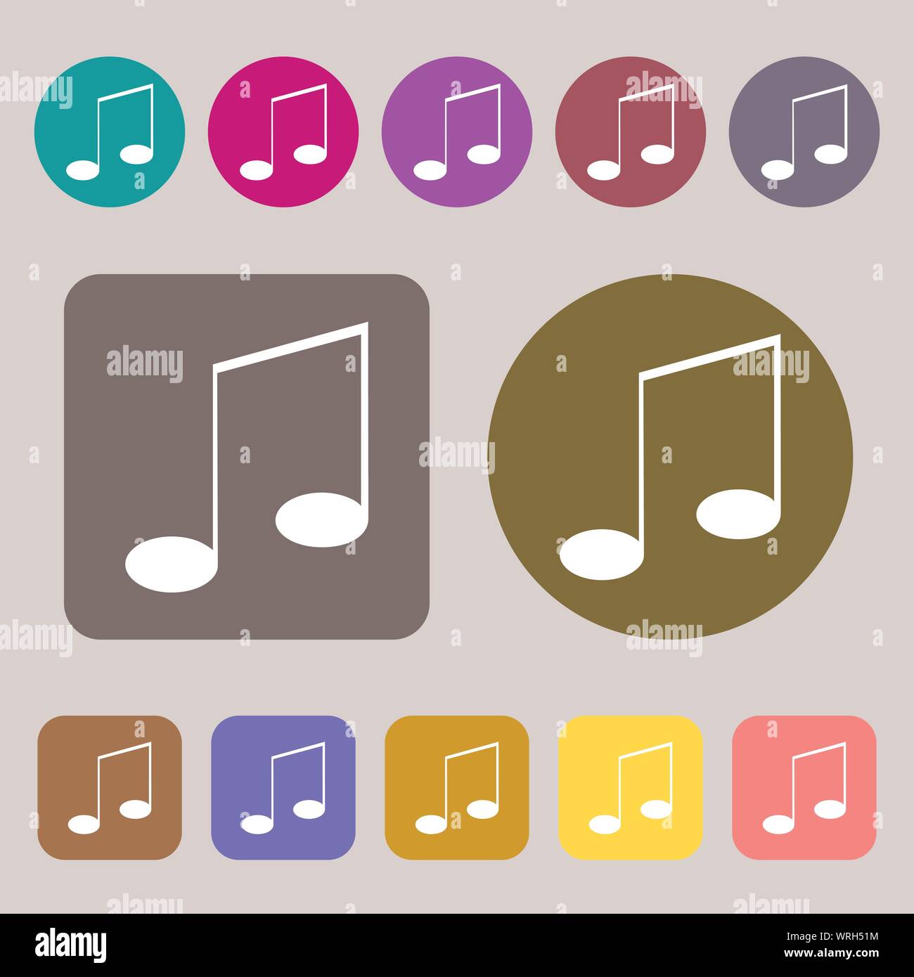 Music note sign icon. Musical symbol. 12 colored buttons. Flat design ...