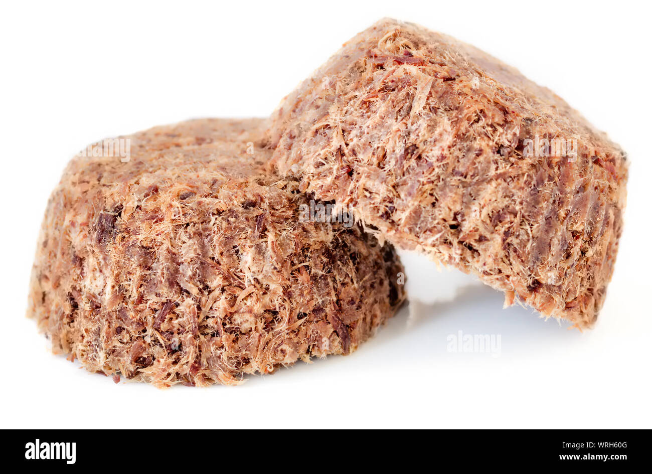 Homemade plain with salt beef meat and liver pemmican isolated on white ...
