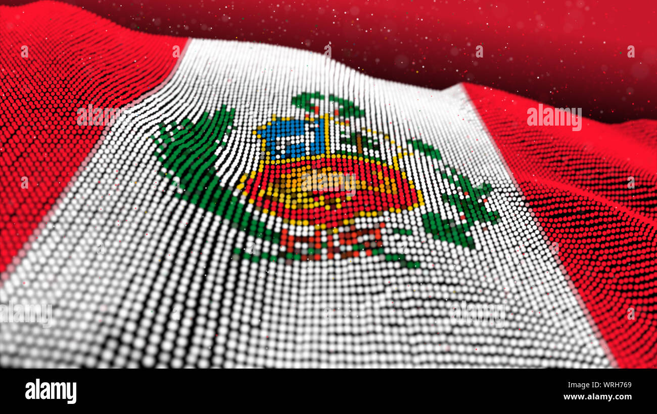 3D illustration Abstract Glowing Particle Wavy surface with Peru flag ...