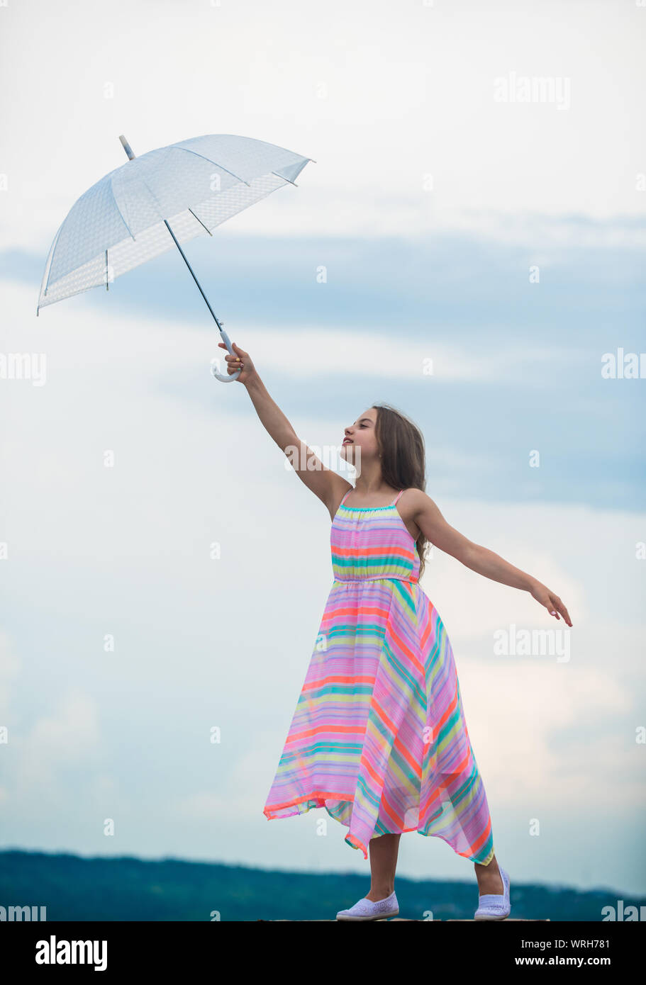 I believe i can fly. Touch sky. Girl with light umbrella. Fairy tale ...