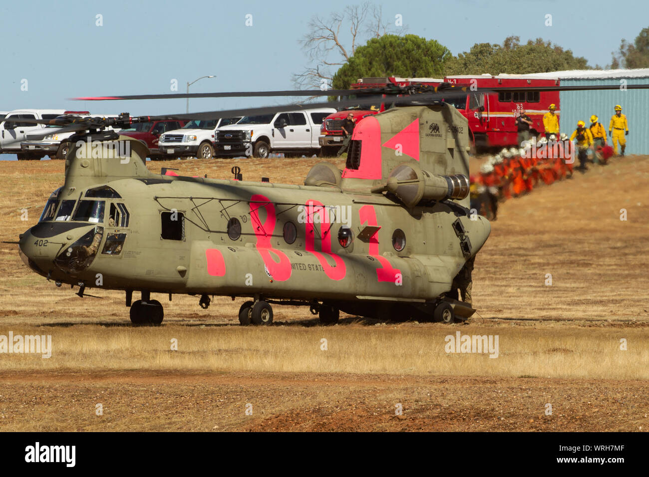 Rotors spin on a U.S. Army CH-47 Chinook helicopter assigned to the ...
