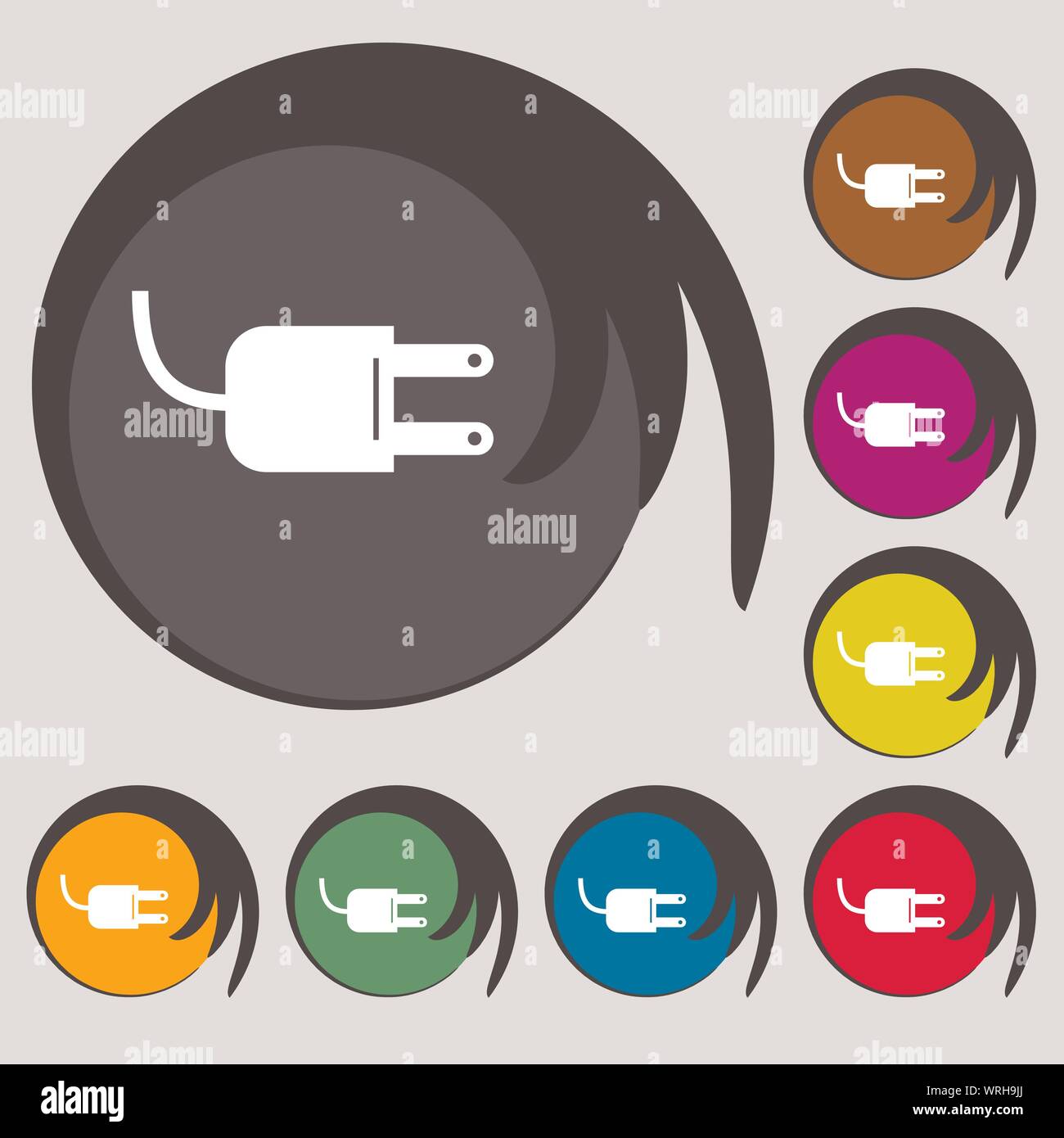 Electric plug sign icon. Power energy symbol. Symbols on eight colored ...