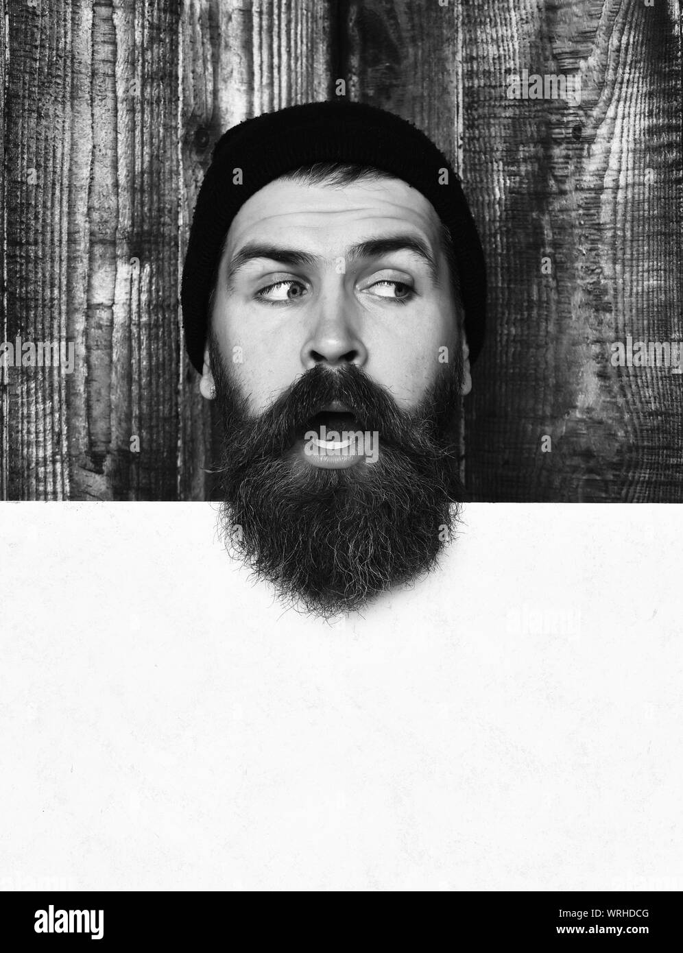 Bearded man, long beard. Brutal caucasian frightened unshaven hipster ...