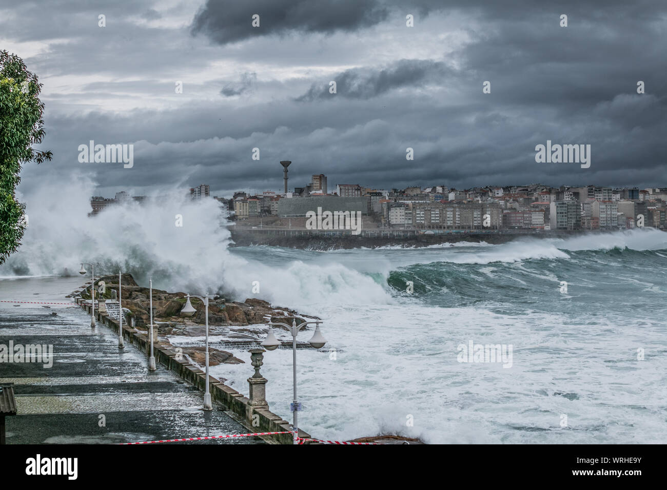 Bad weather landscape and big waves in A Coruña, Spain Stock Photo - Alamy