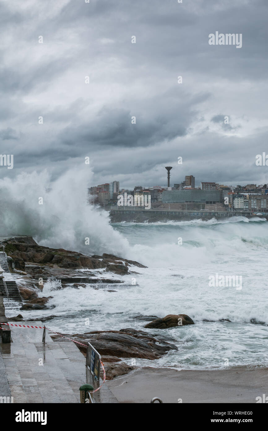 Bad weather landscape and big waves in A Coruña, Spain Stock Photo - Alamy