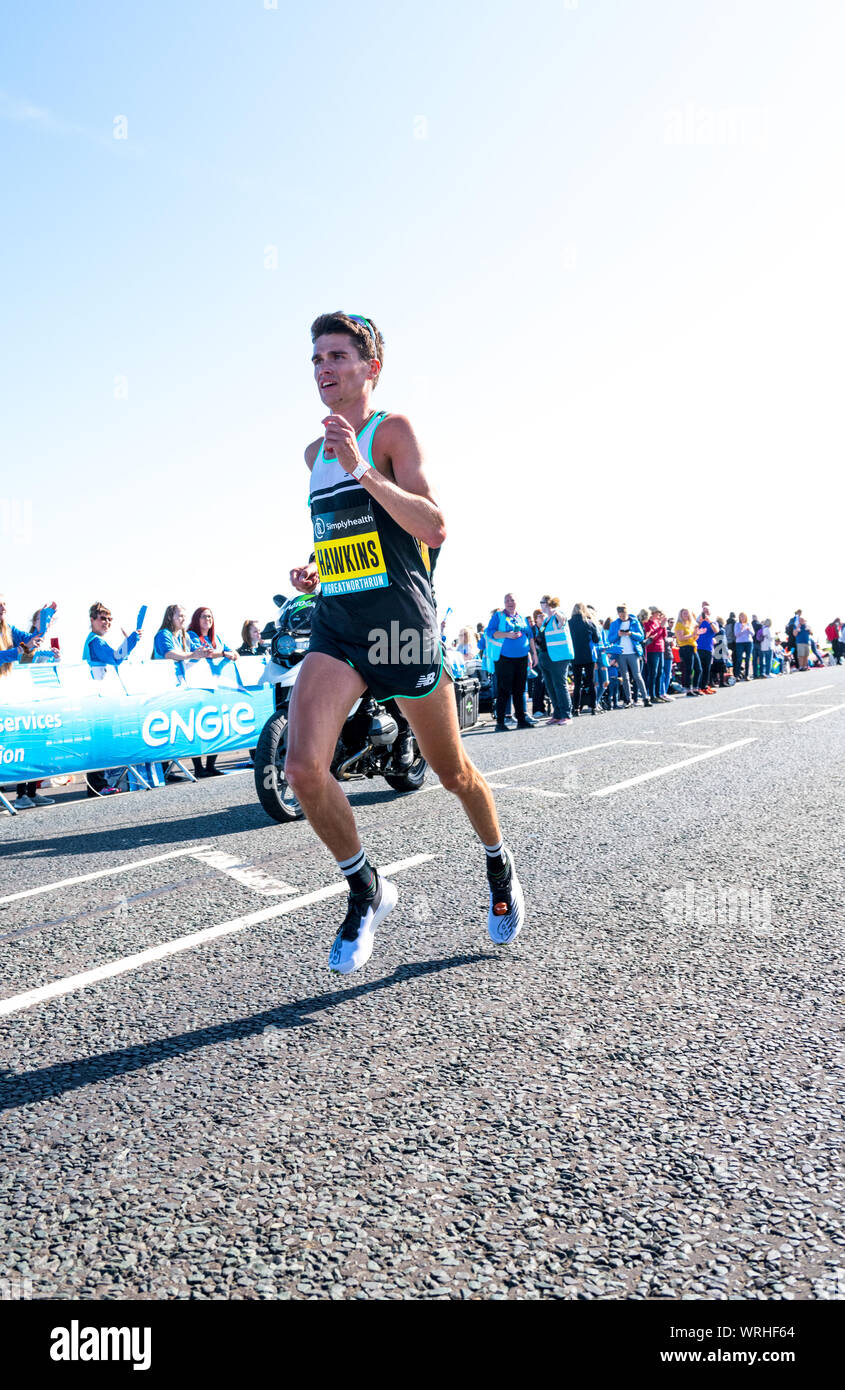 Mens elite runner Callum Hawkins competing in the 2019 Great North Run ...