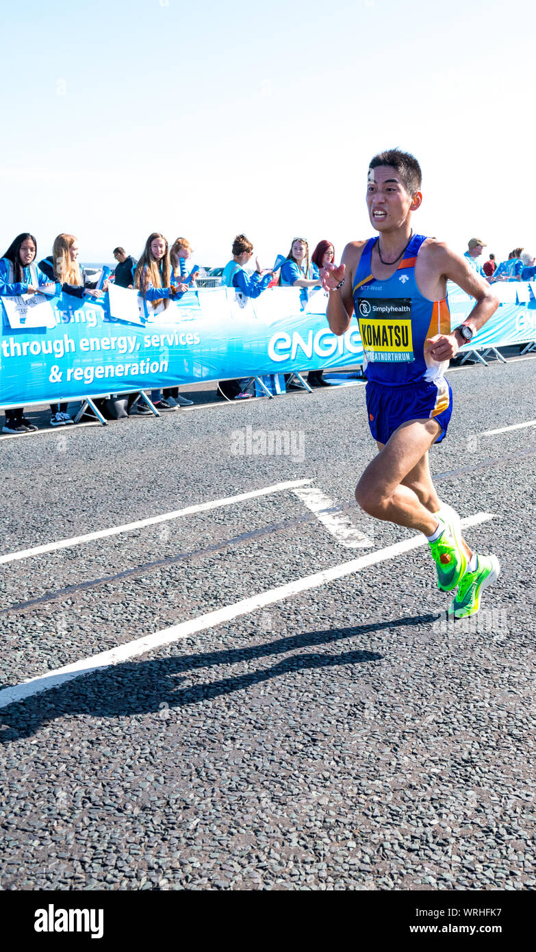 Mens elite runner Takumi Komatsu competing in the 2019 Great North Run ...