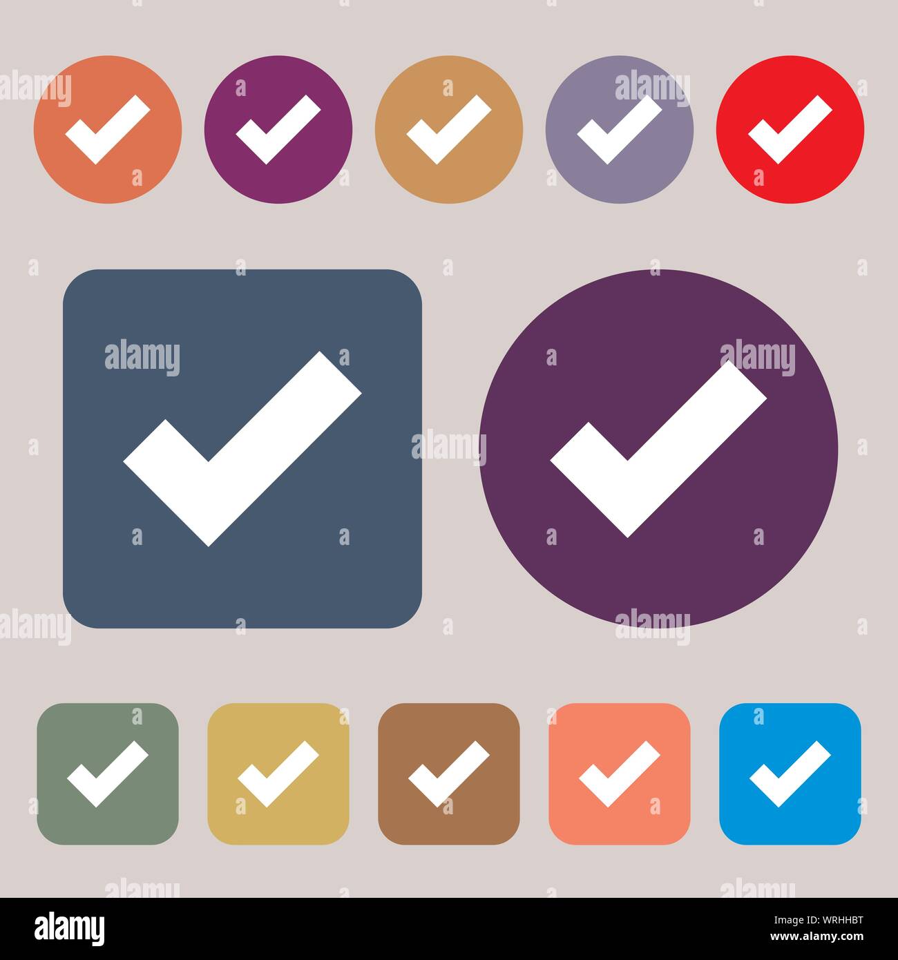 Check mark sign icon . Confirm approved symbol. 12 colored buttons ...