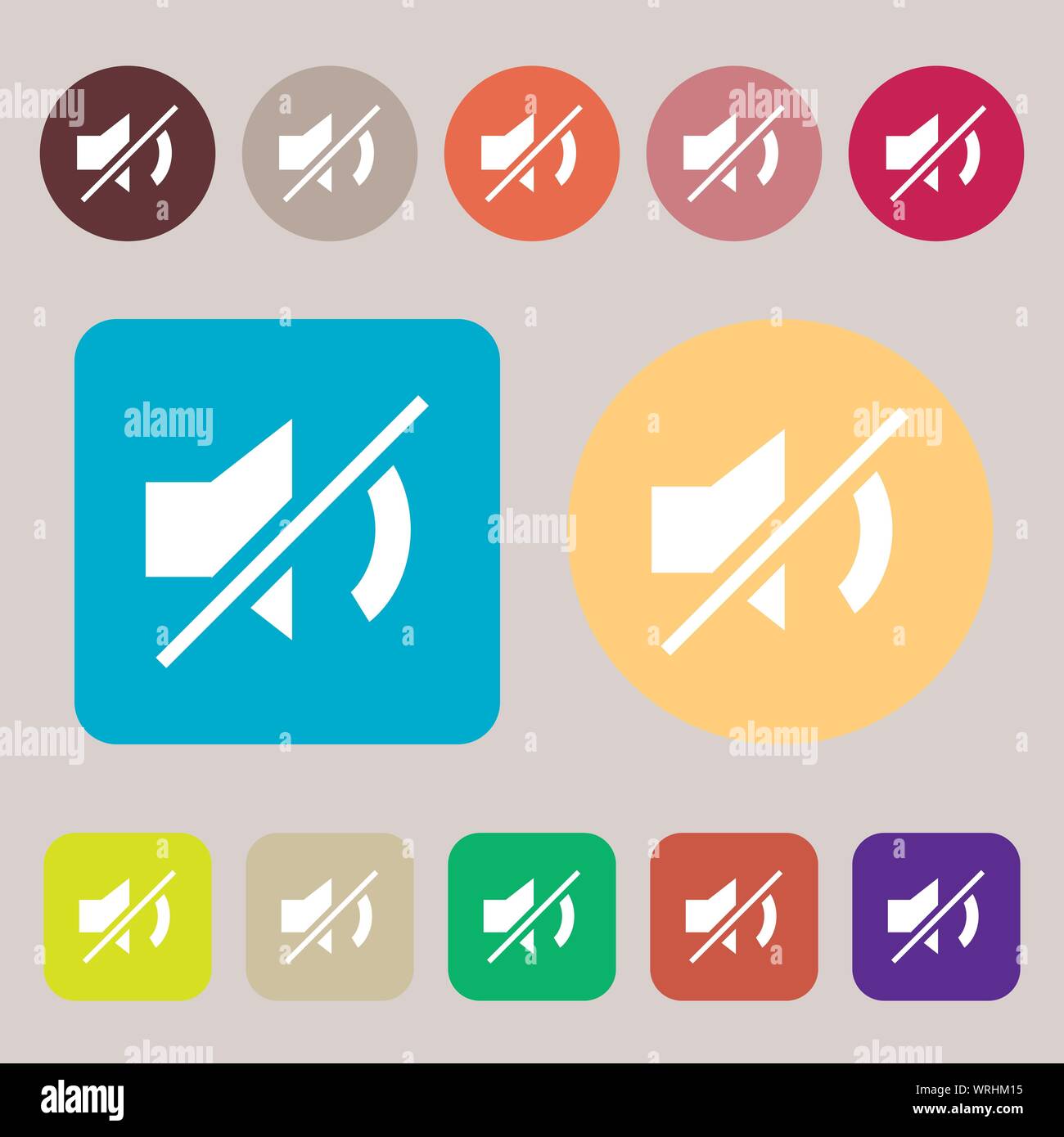 Mute speaker sign icon. Sound symbol. 12 colored buttons. Flat design ...