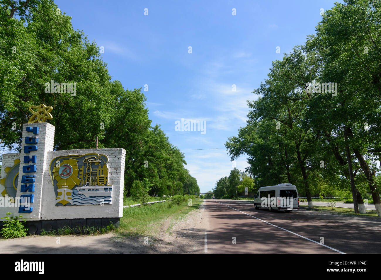 Chernobyl (Chornobyl): Chernobyl welcome sign, tourist bus in Chernobyl ...