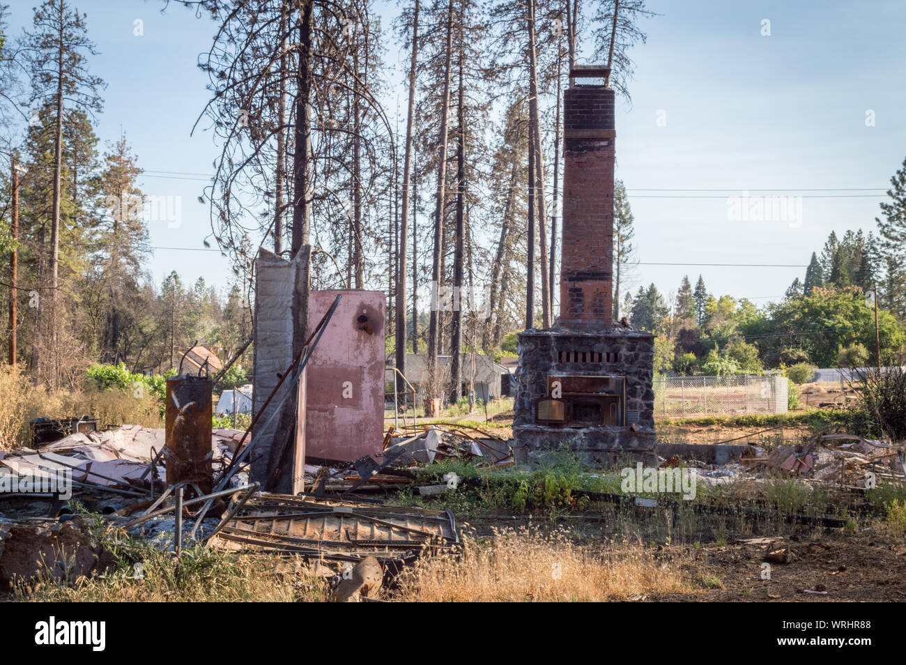Paradise, California / USA - Aug 26 2019: Burned remains of homes and ...