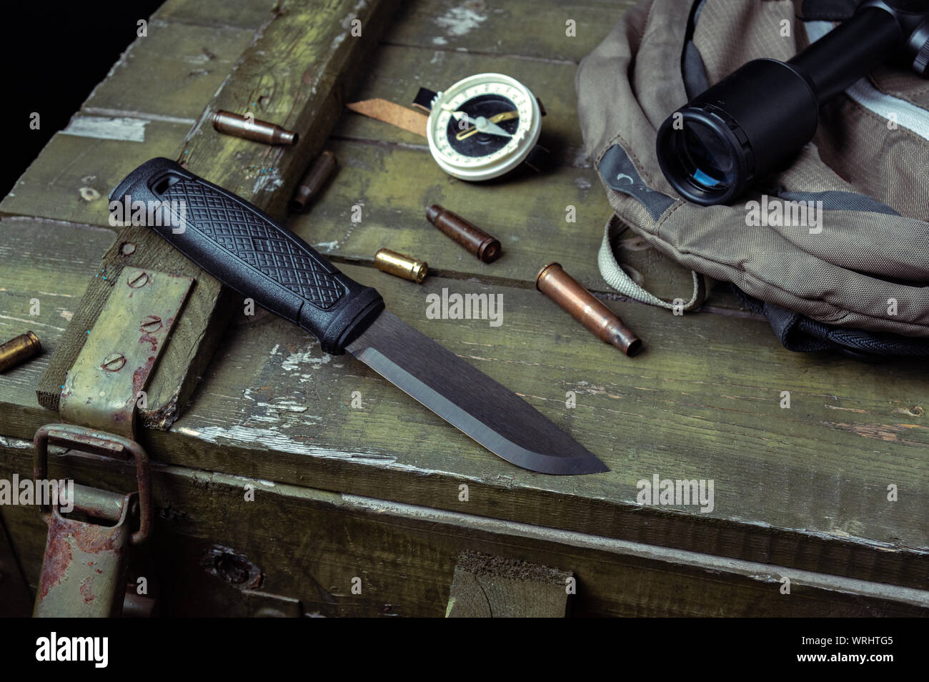 Knife, compass and backpack. Sniper kit. Orienteering Stock Photo - Alamy
