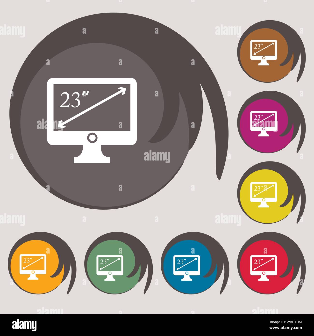 diagonal of the monitor 23 inches icon sign. Symbols on eight colored ...