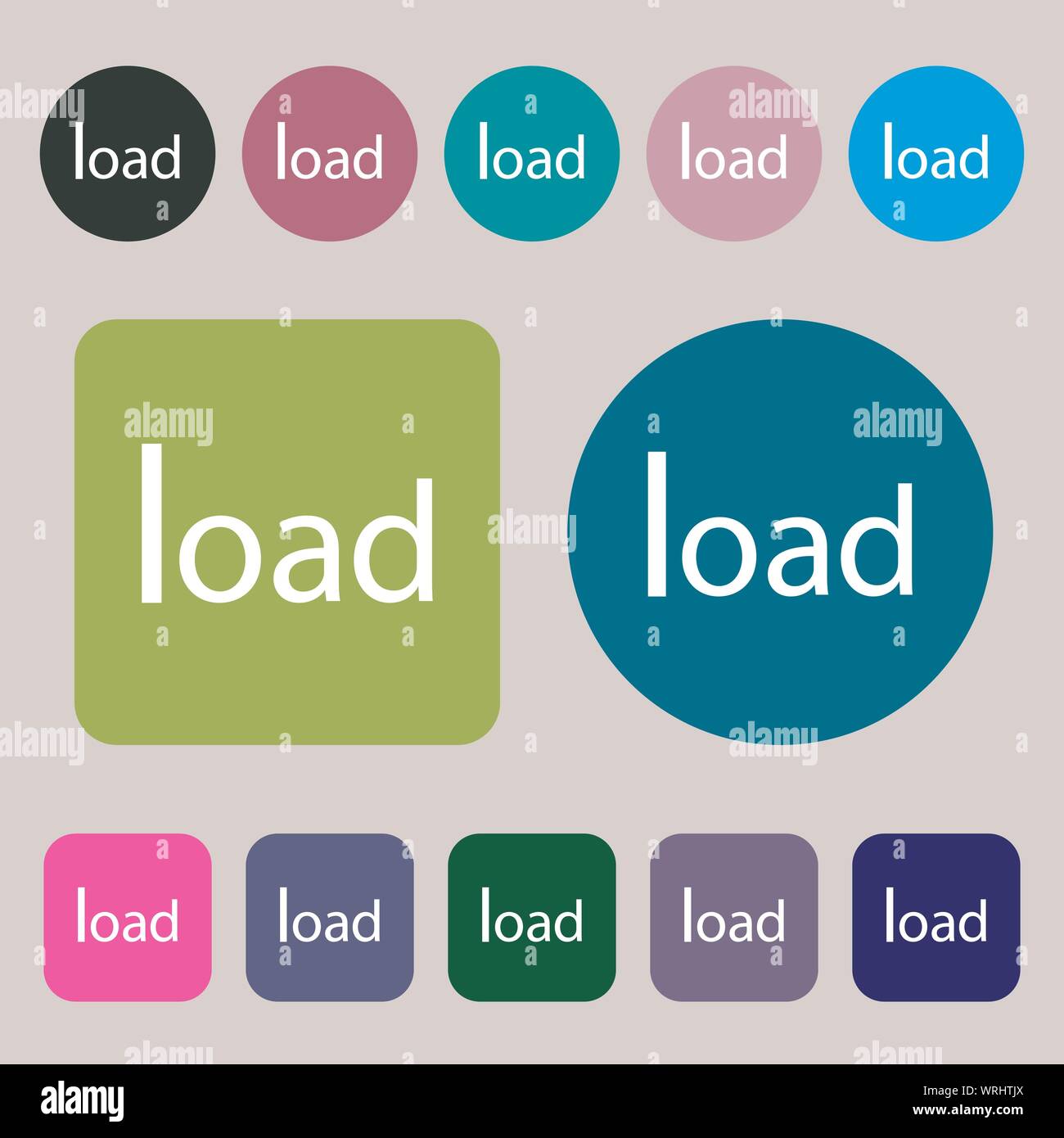 Download now icon. Load symbol. 12 colored buttons. Flat design. Vector ...
