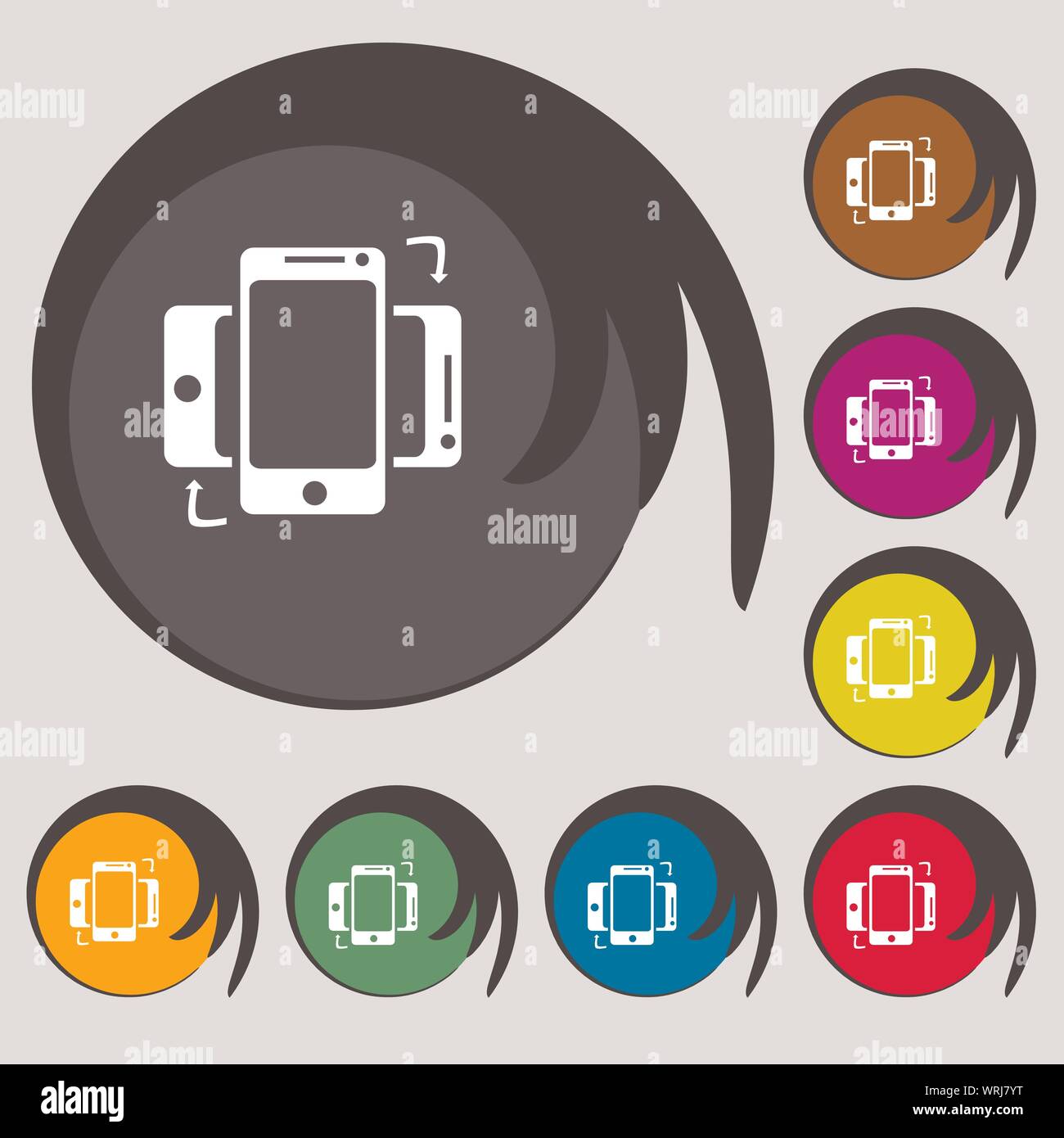Synchronization sign icon. smartphones sync symbol. Data exchange. Symbols on eight colored ...