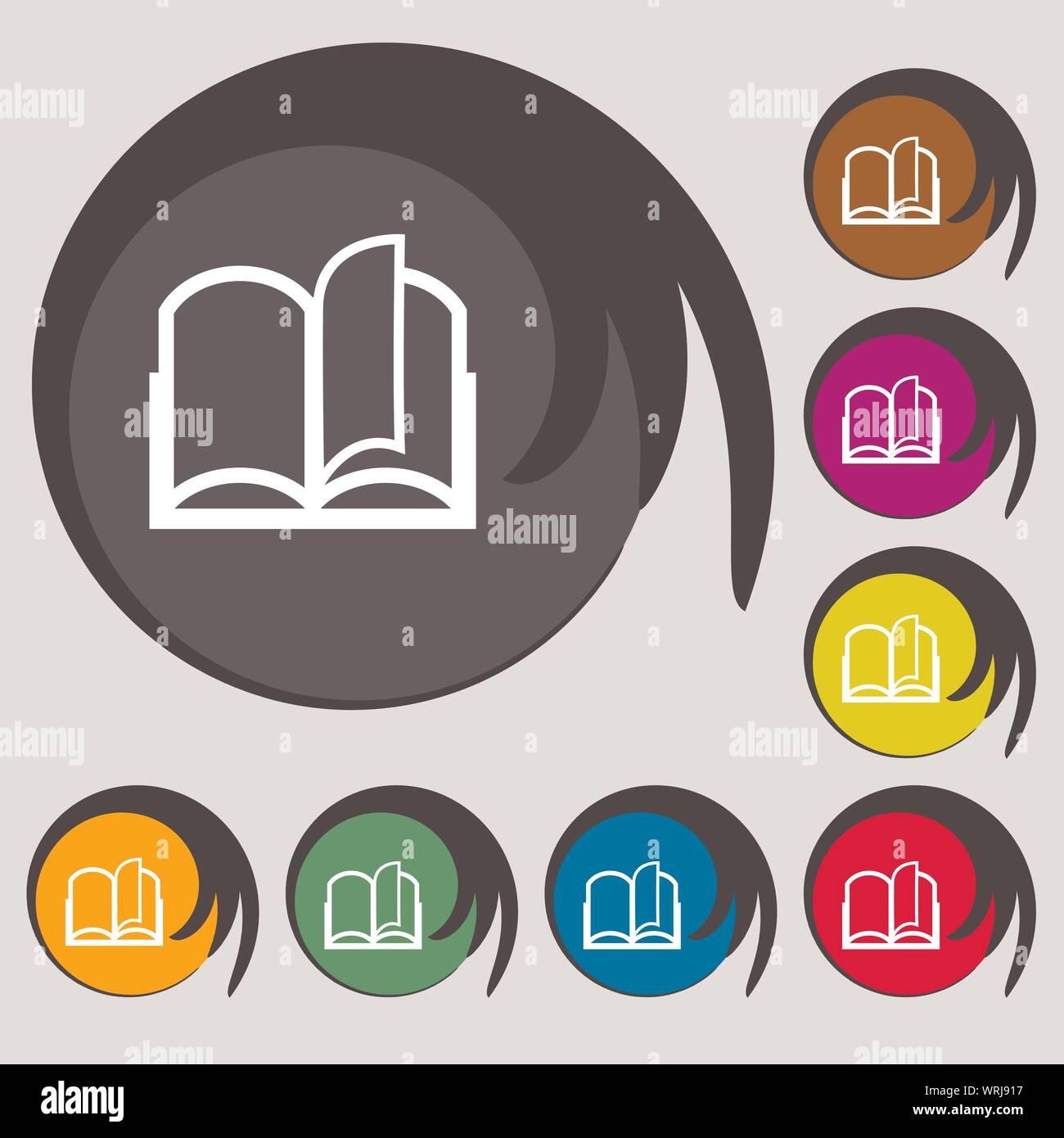 Book sign icon. Open book symbol. Symbols on eight colored buttons ...