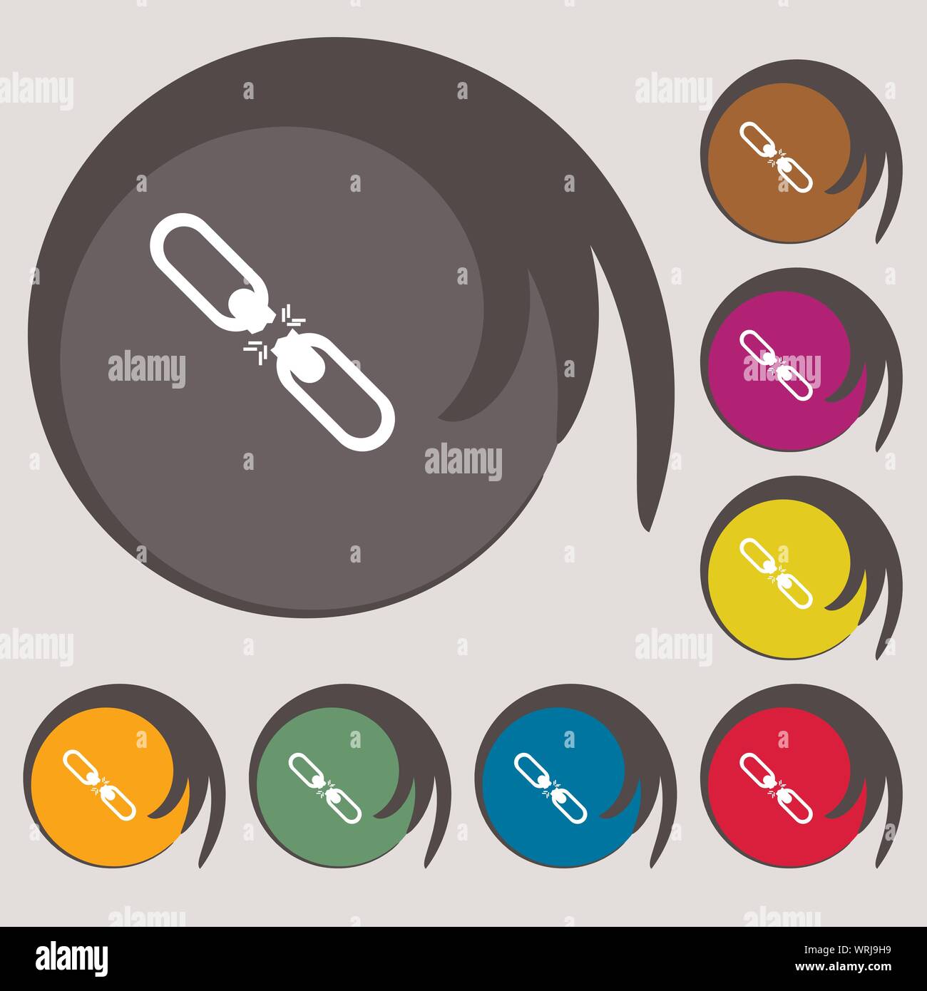 Broken connection flat single icon. Symbols on eight colored buttons ...