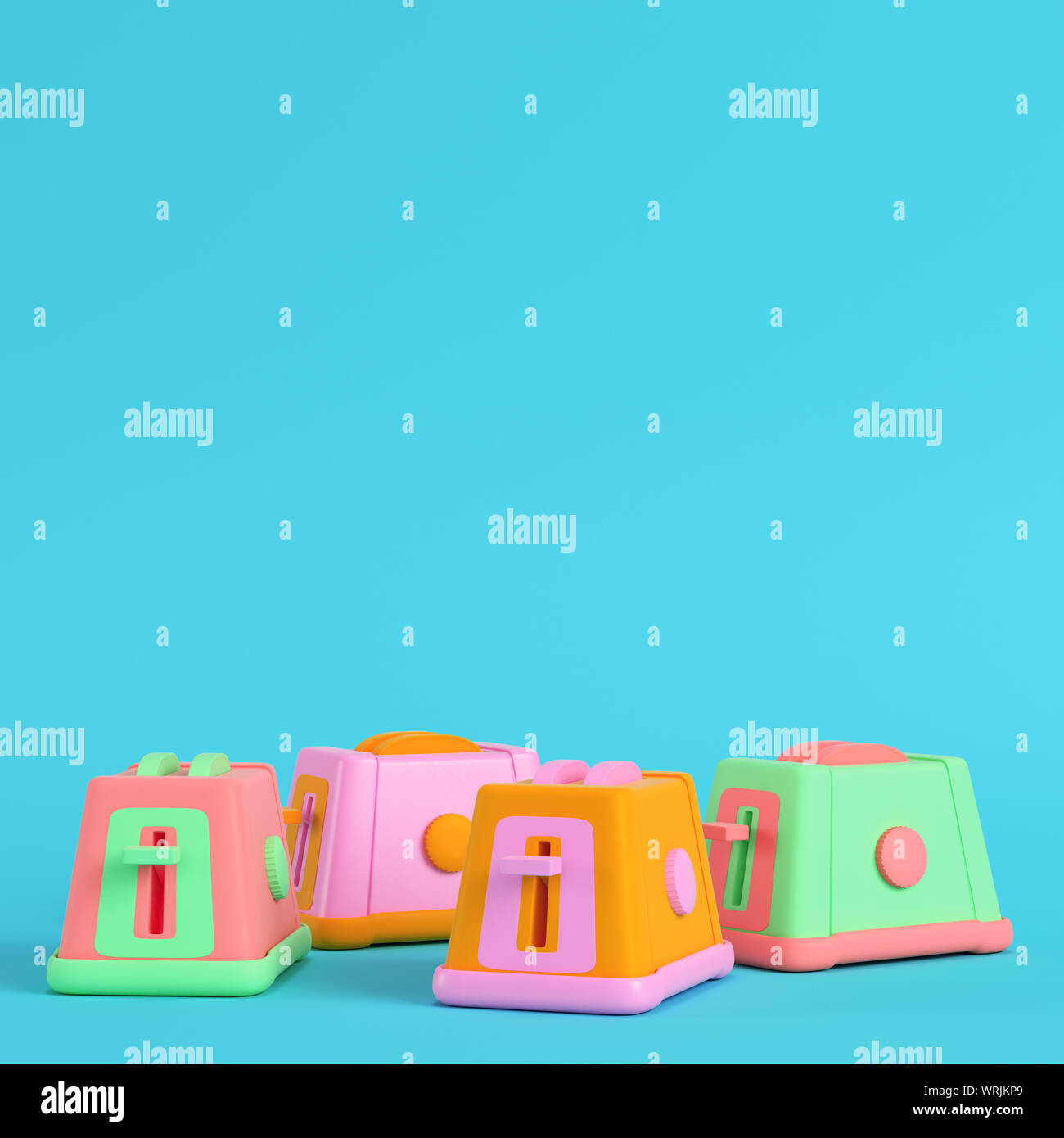 Four colorful toasters on bright blue background in pastel colors ...