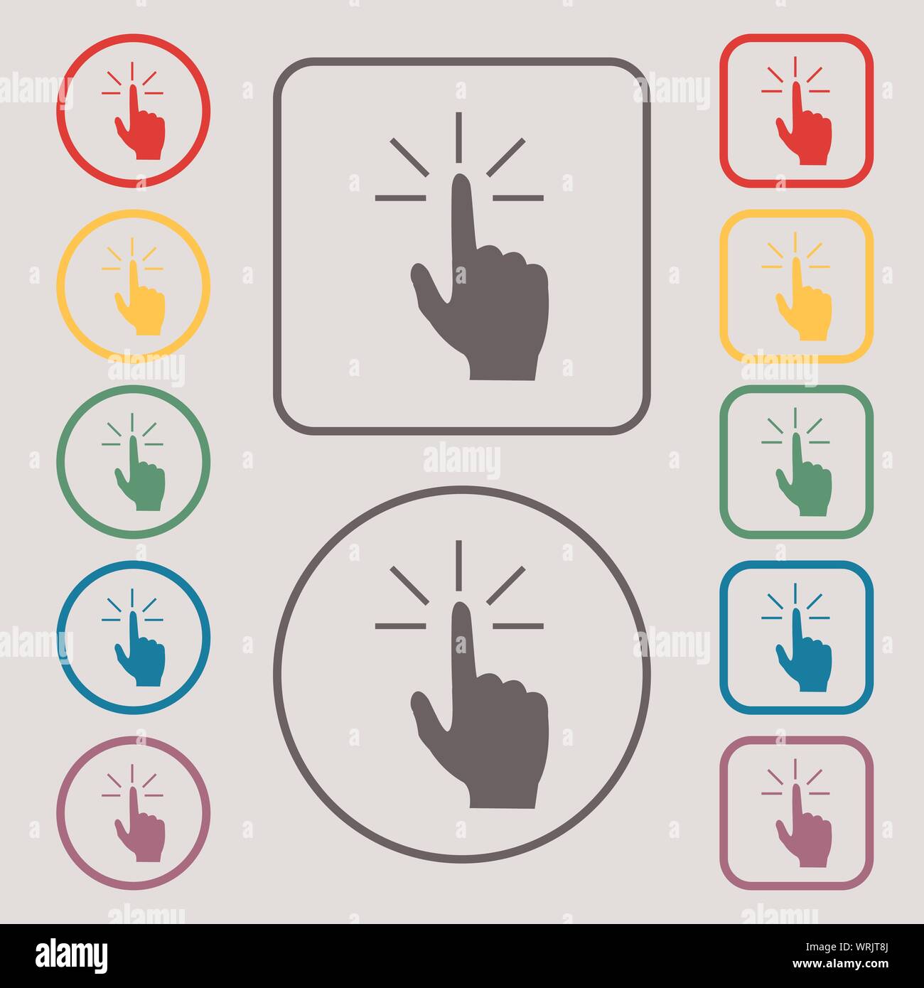 Click here hand icon sign. Symbols on the Round and square buttons with ...