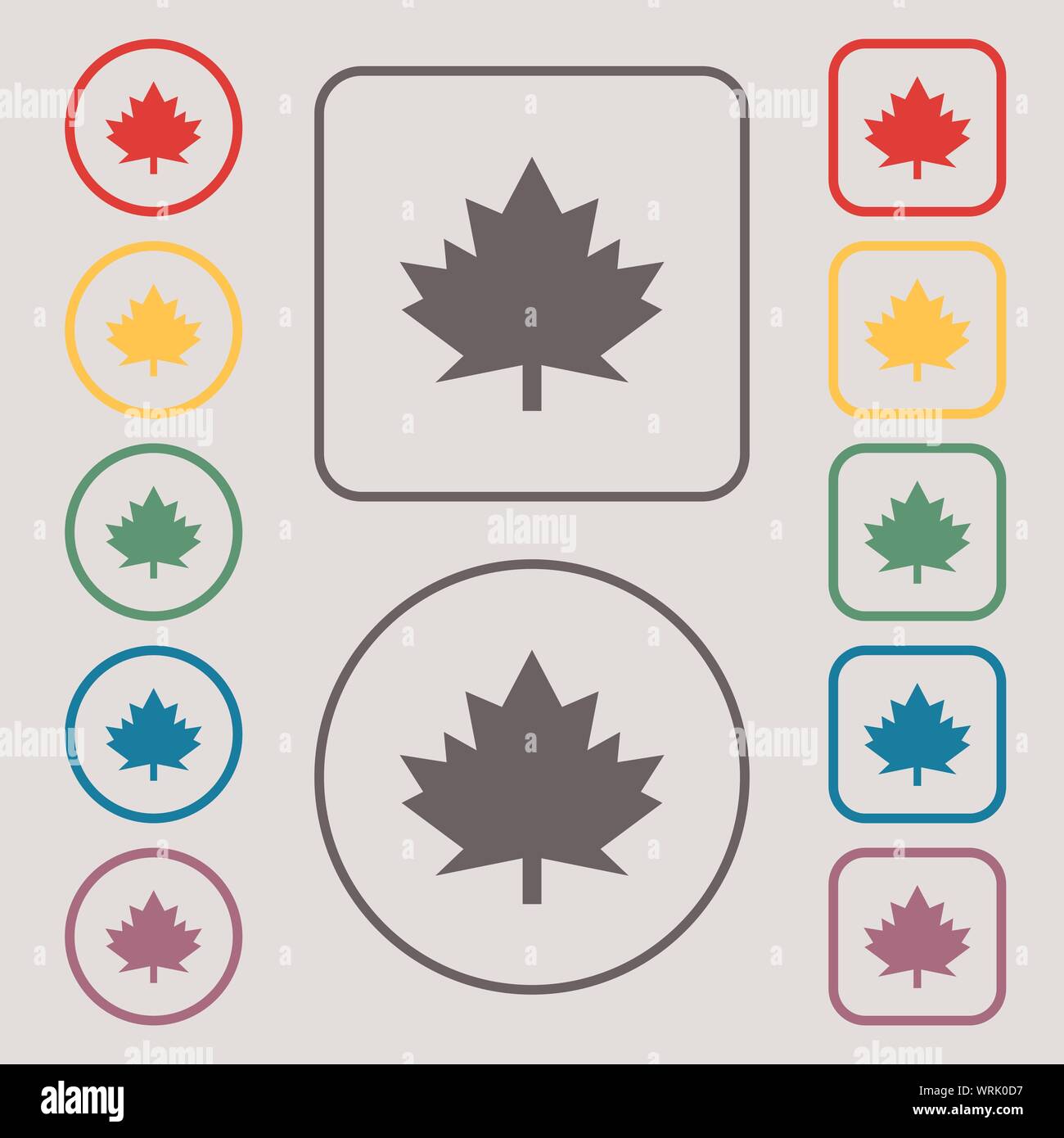 Maple leaf icon. Symbols on the Round and square buttons with frame ...