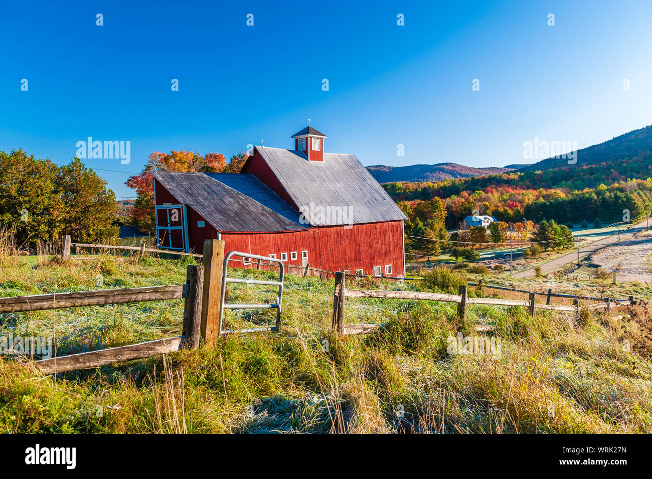 Red barn during a New England fall foliage, Stowe, Vermont, USA Stock ...