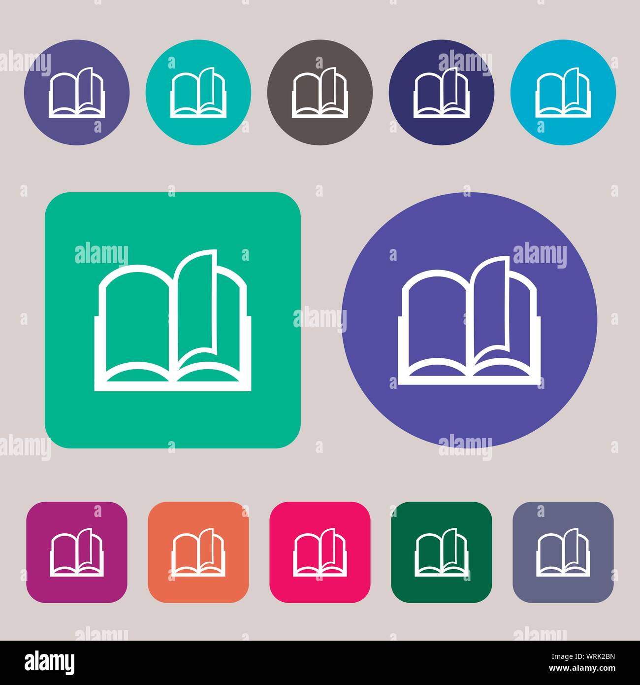 Book sign icon. Open book symbol. 12 colored buttons. Flat design ...