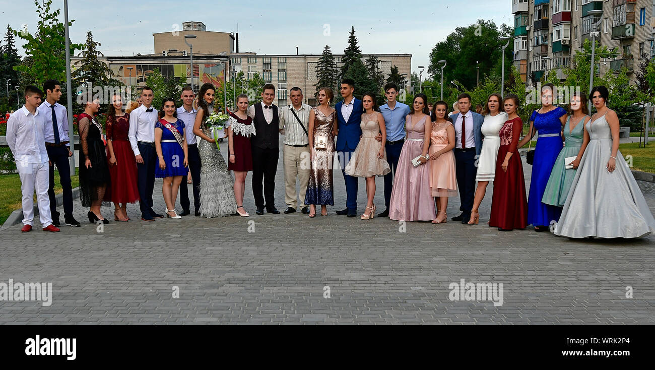 Novomoskovsk, Ukraine July 27, 2019. Graduation party, last school ball ...
