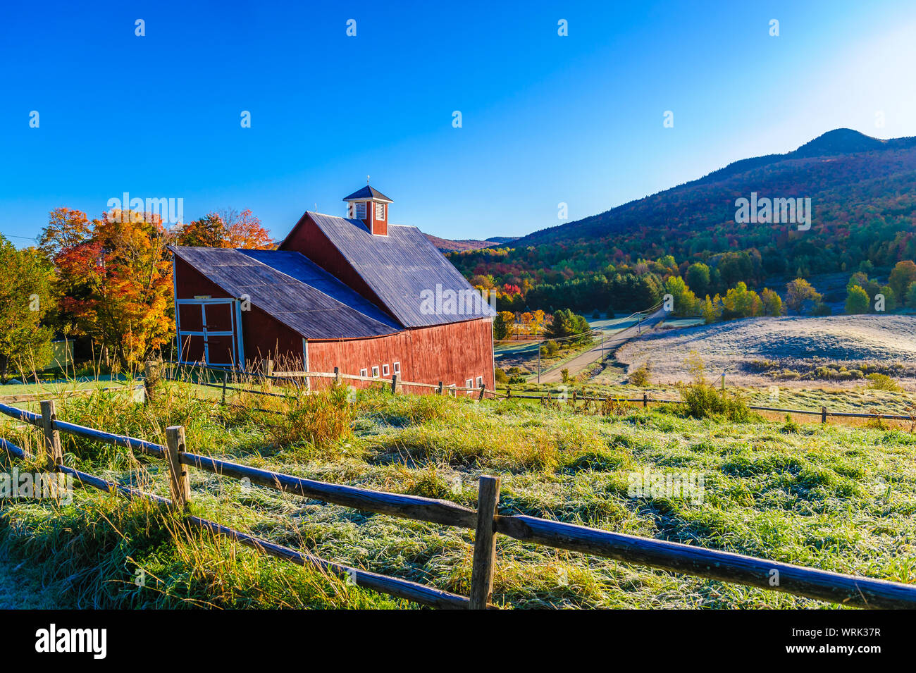 Red barn during a New England fall foliage, Stowe, Vermont, USA Stock ...