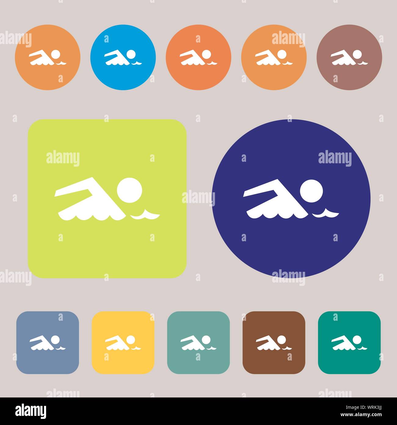 Swimming sign icon. Pool swim symbol. Sea wave. 12 colored buttons ...