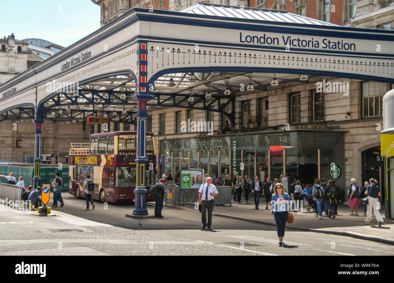 LONDON, ENGLAND - JULY 2018: Exterior view of Victoria railway station ...